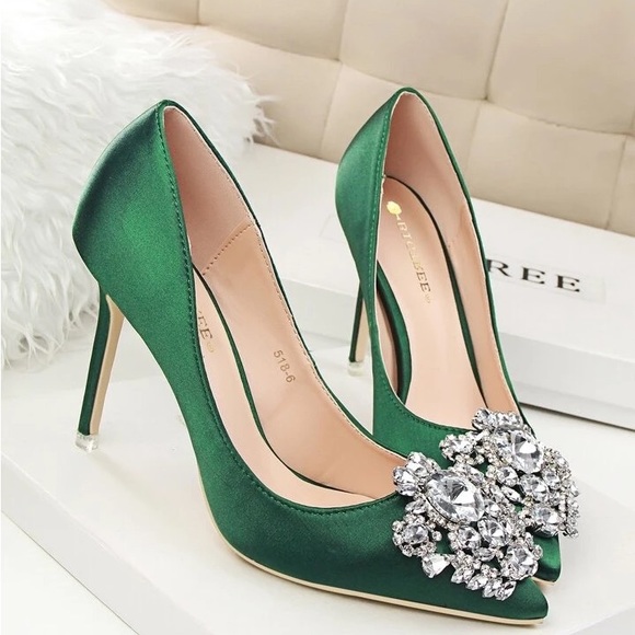 Shoes | Emerald Green Satin Rhinestone Pumps | Poshmark